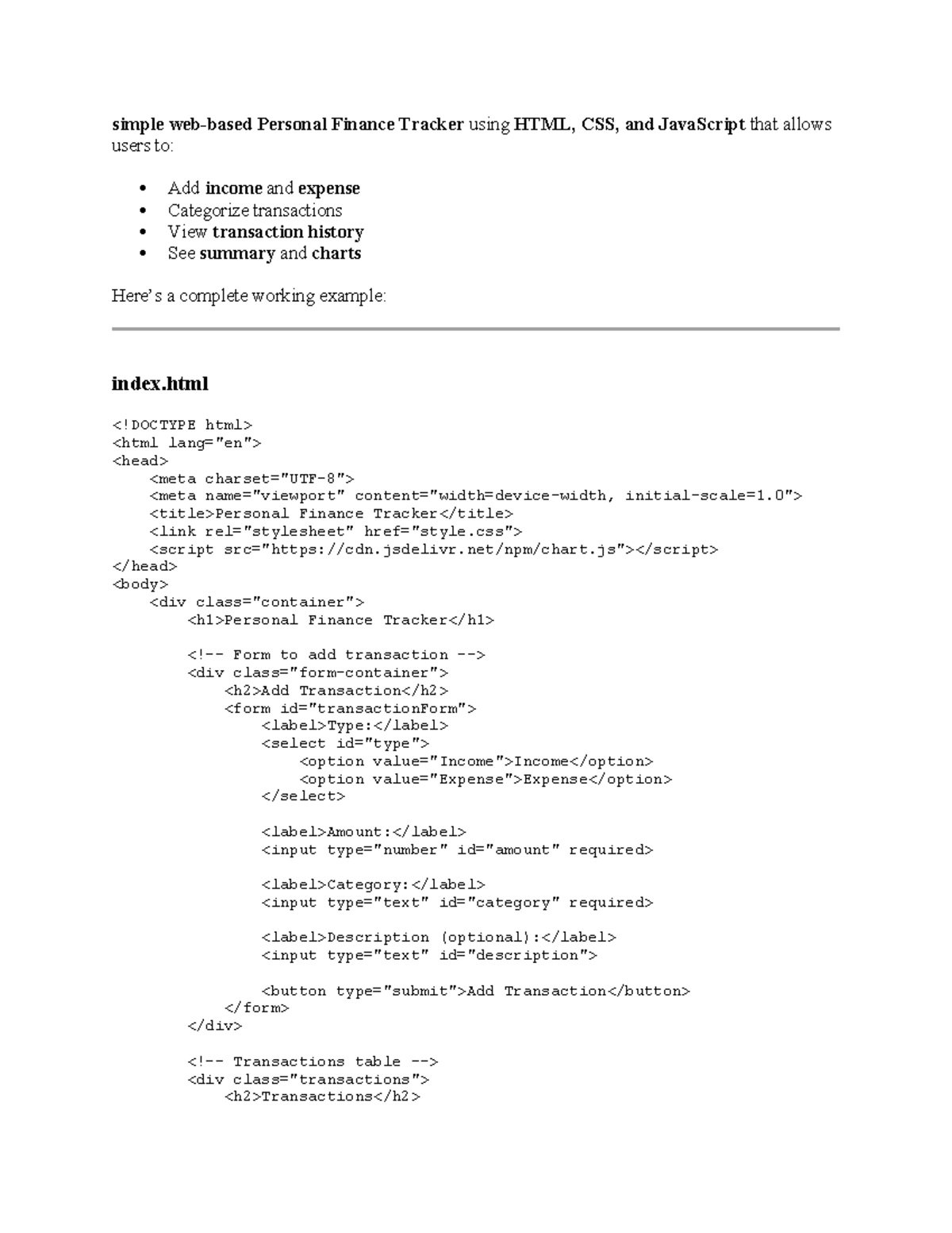 Finance Tracker (UNIT-I Practical-2): HTML, CSS & JS Implementation ...
