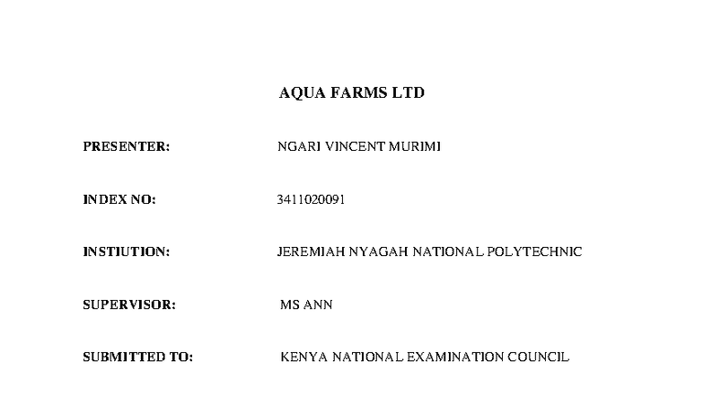 AQUA FARMS LTD BUSINESS PLAN: CERTIFICATE IN GENERAL AGRICULTURE - Studocu