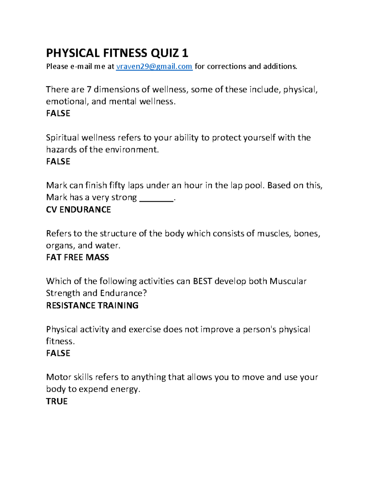 Muscular Strength And Endurance Quiz