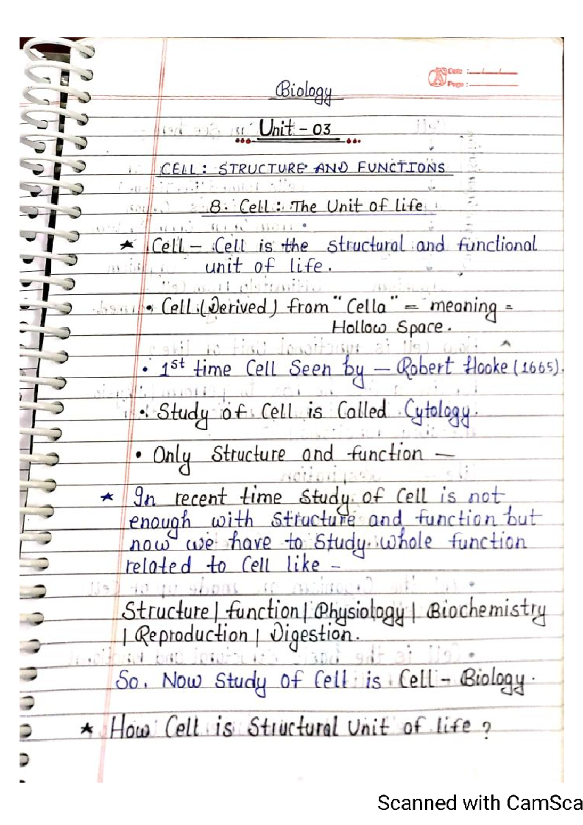 Biology Unit 03: Cell Structure & Functions Notes - Studocu