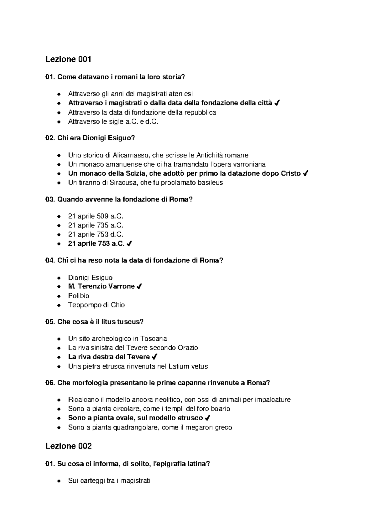 Lezione 001-014: Domande e Risposte sulla Storia Romana - Studocu