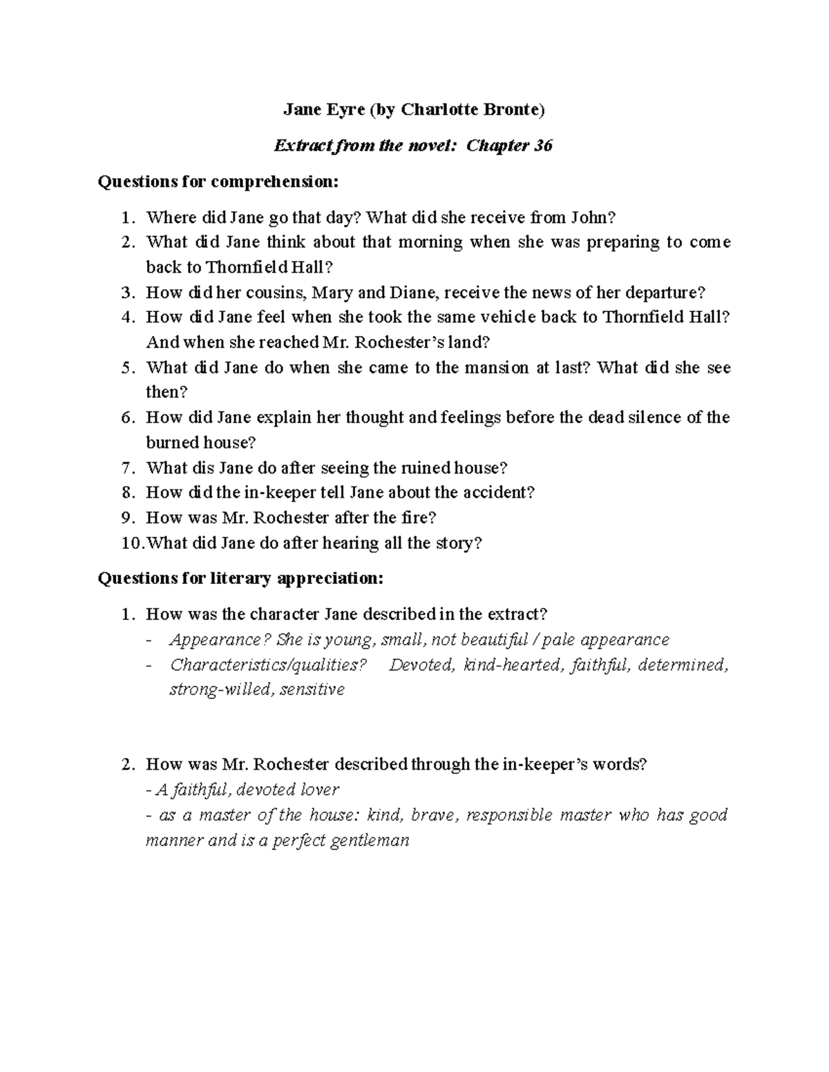 Jane Eyre (ENG 101) Chapter 36 Comprehension & Literary Analysis ...