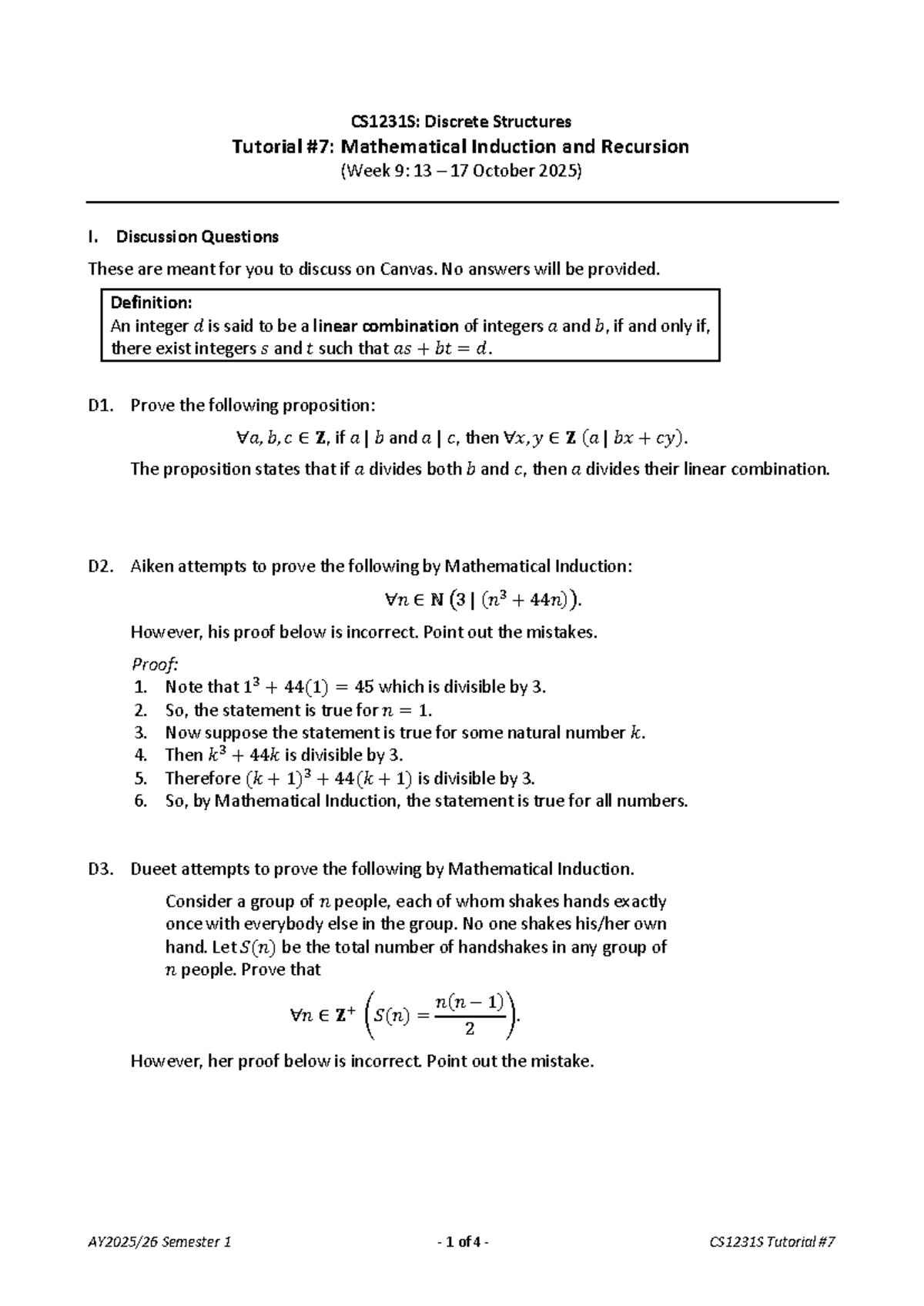 CS1231S: Discrete Structures Tutorial on Induction & Recursion (Week 9 ...