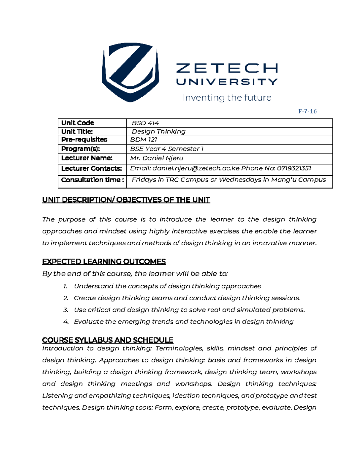 BSD 414 Design Thinking Course Outline (Jan-April 2025) - Studocu