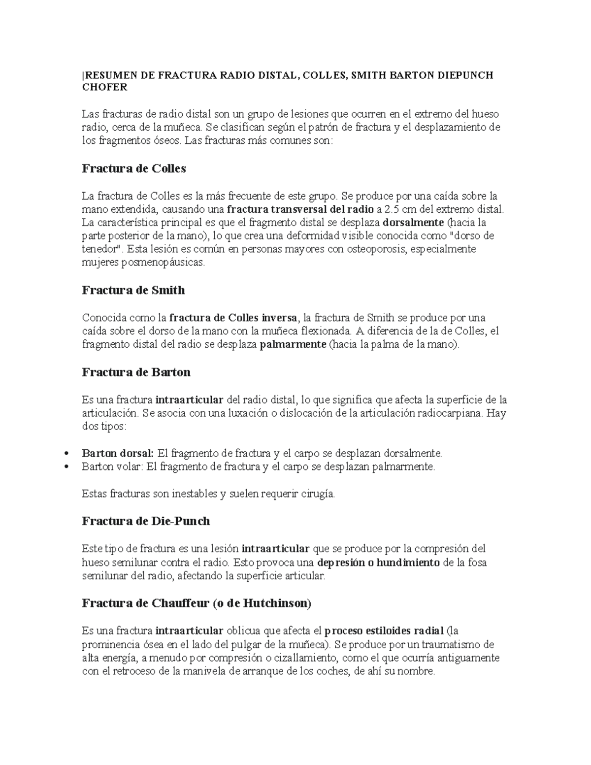 Resumen de Fracturas de Radio Distal: Colles, Smith, Barton y Chauffeur ...