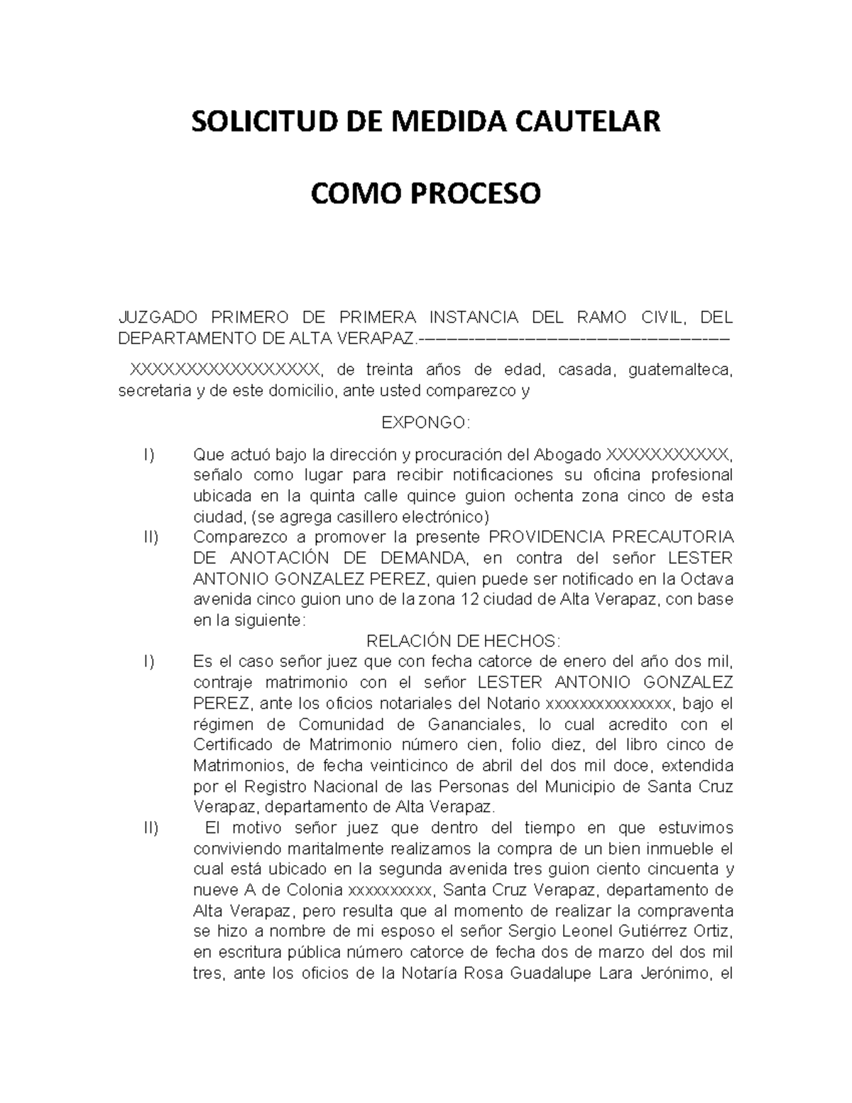 Solicitud de Medida Cautelar y Arraigo - Ejemplo Caso Judicial - Studocu