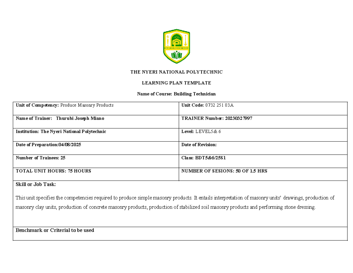 Masonry Unit Production Learning Plan BDT6 25S1 - Studocu