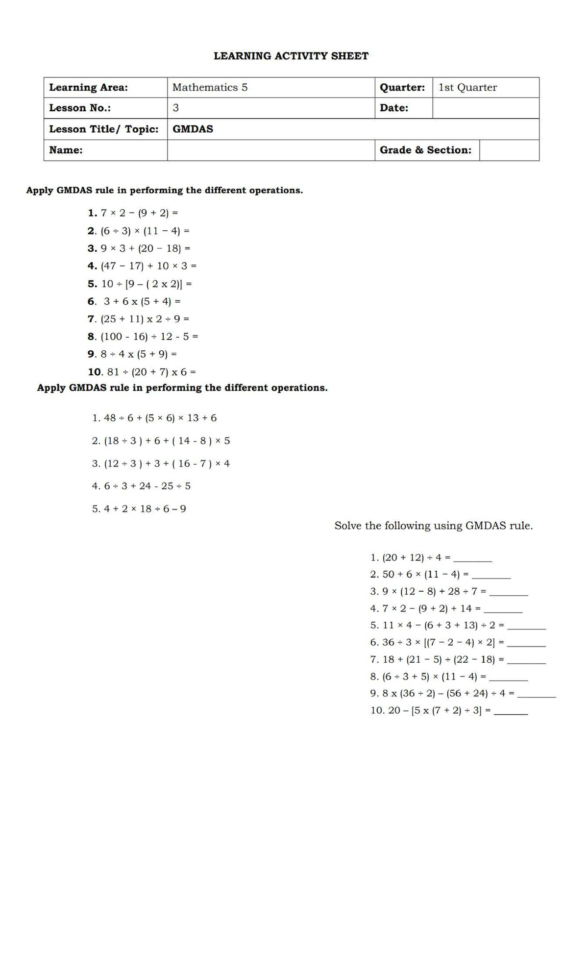 Math 5 1st Qtr Lesson 3: Applying GMDAS Operations - Studocu