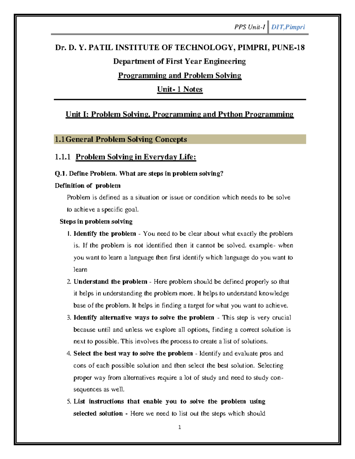 PPS UNIT 1 Study NOTE - notes unit 1 - Dr. D. Y. PATIL INSTITUTE OF ...