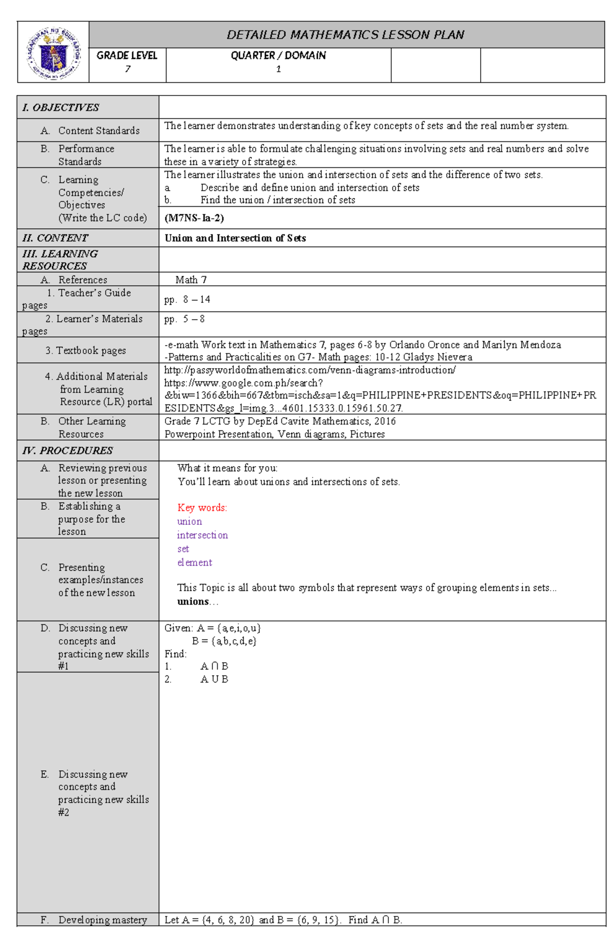 Grade 7 Math Lesson Plan: Sets & Real Numbers (Quarter 1) - Studocu