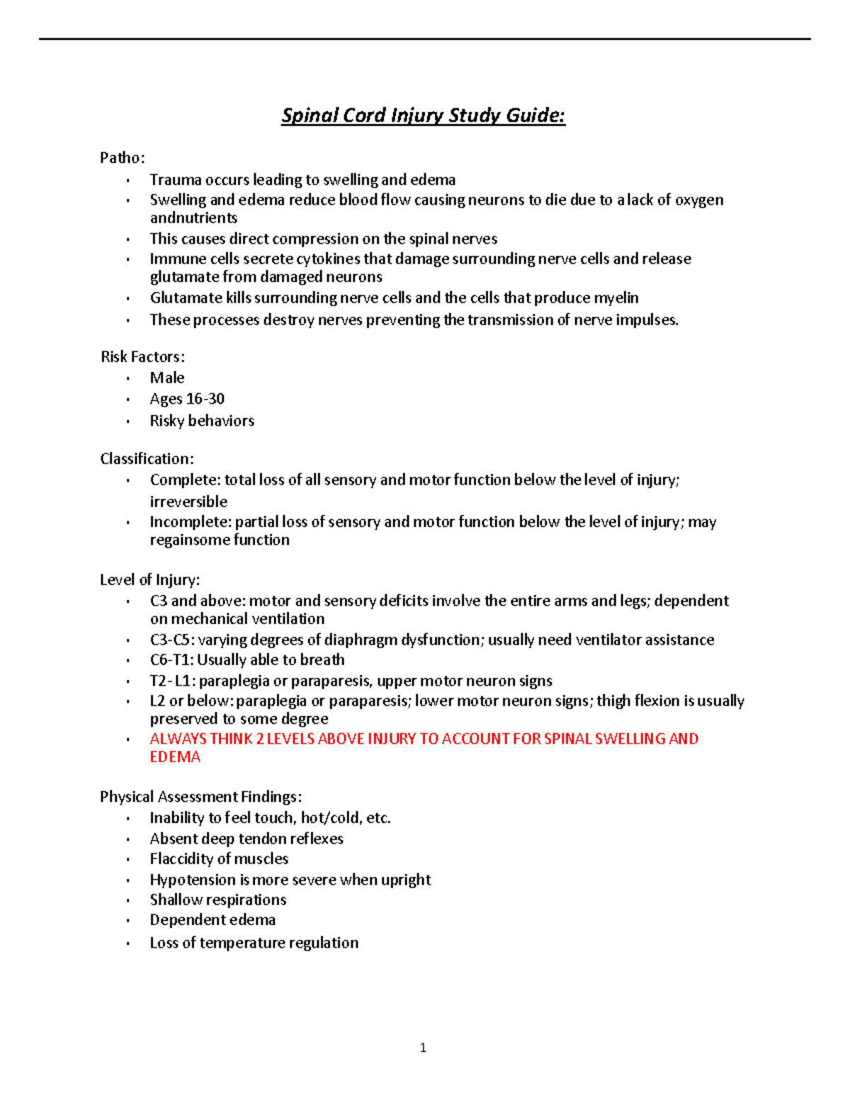 Spinal Cord Injury Study Guide: Key Concepts & Risk Factors (Final ...