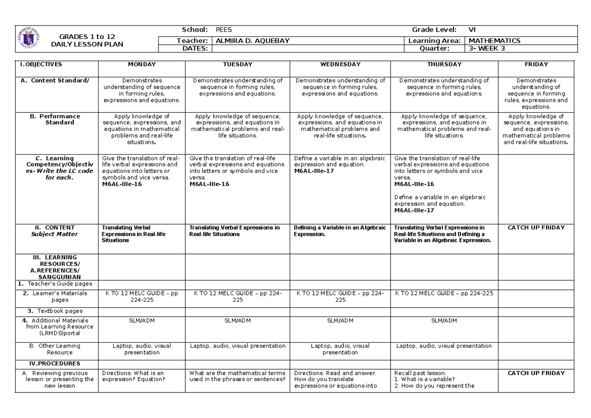 MATH6 WEEK 3-Q3 - DAILY LESSON PLAN ON ALGEBRAIC EXPRESSIONS - Studocu