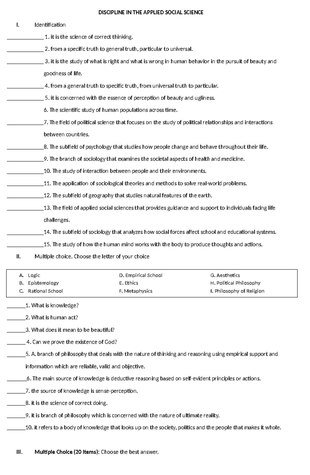 APPLIED SOCIAL SCIENCE I: DISCIPLINE AND MULTIPLE CHOICE QUESTIONS ...