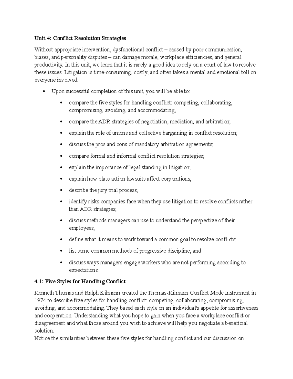 Unit 4: Conflict Resolution Strategies in the Workplace - Unit 4 ...