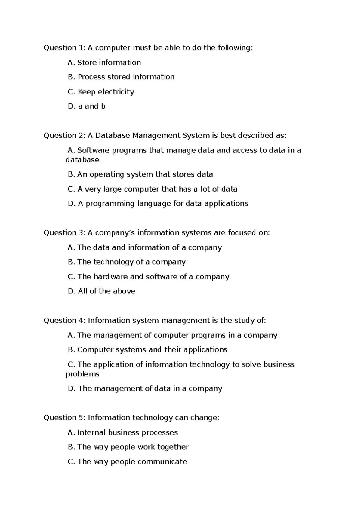 CMU-IS 100 Final Exam: 68 MCQs on Information Systems - Studocu