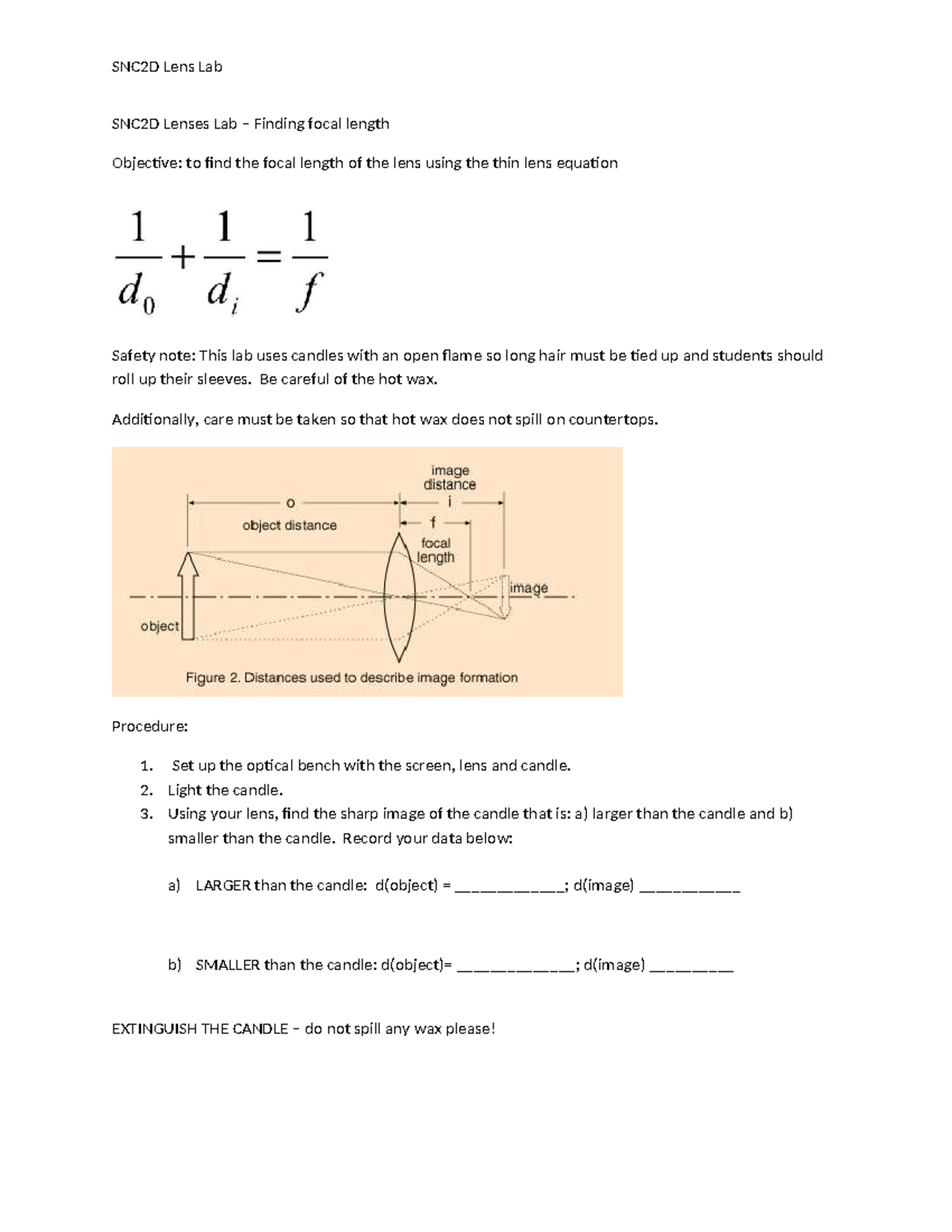SNC2D Lens Lab: Finding Focal Length Using Thin Lens Equation - Studocu