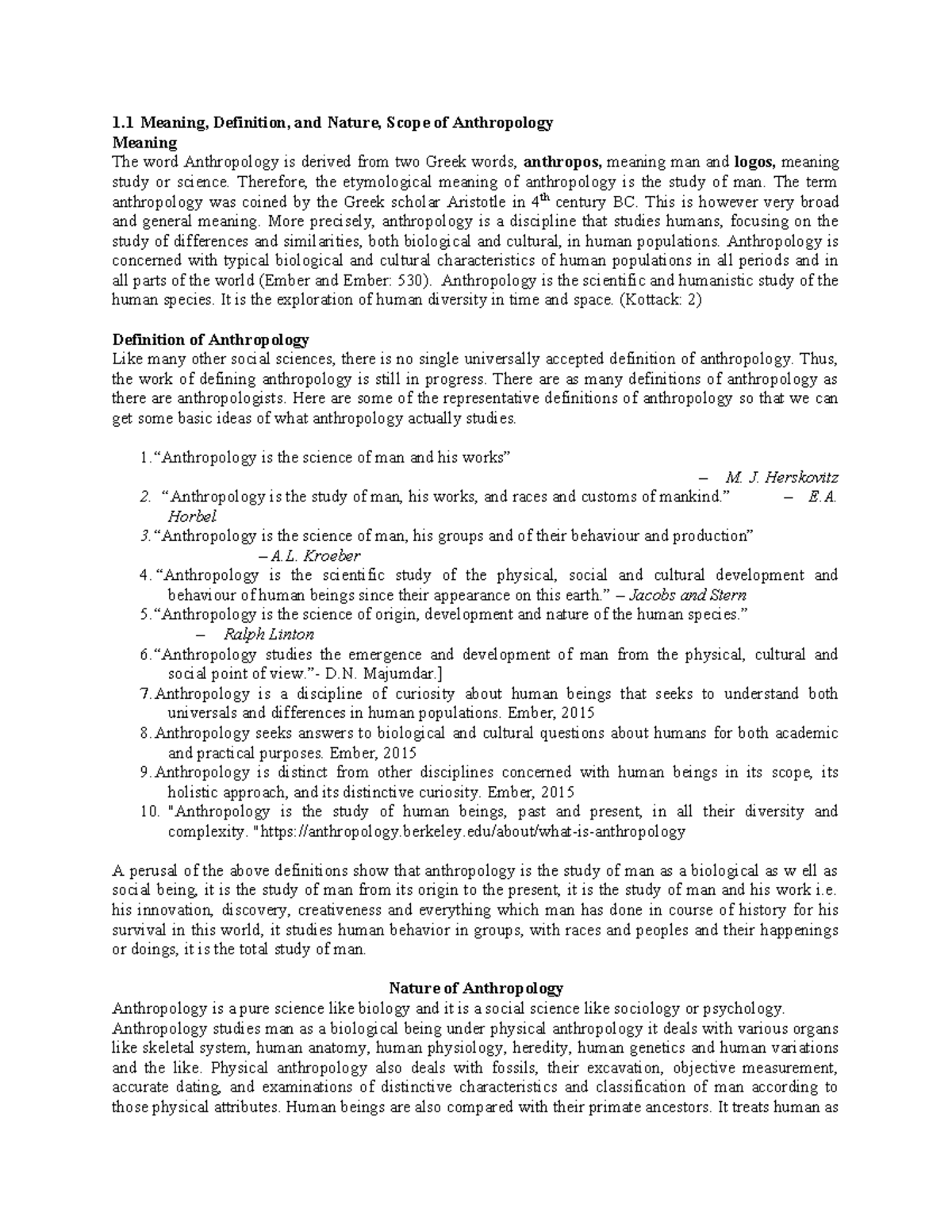 1.1 Meaning, Definition, and Nature of Anthropology - Studocu
