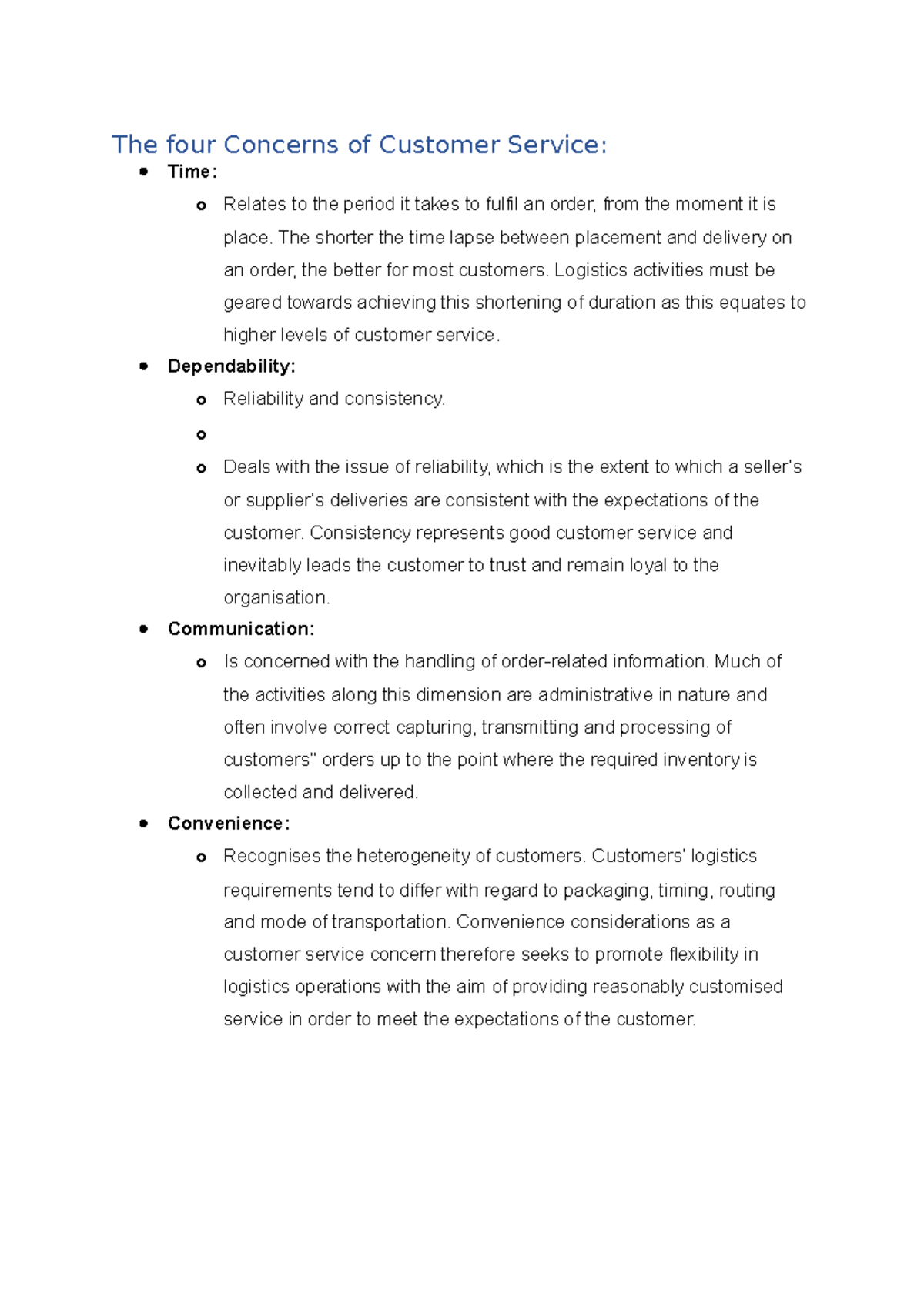 The Four Key Concerns in Customer Service Dynamics - Studocu