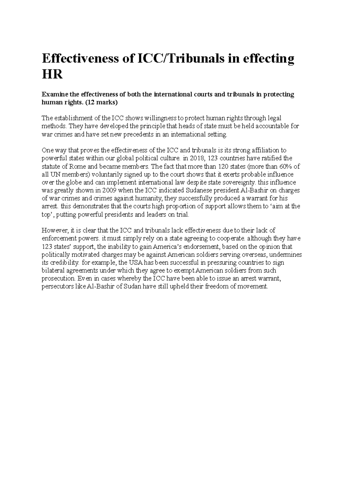 ICC 12 Mark Analysis: Effectiveness of International Courts in HR - Studocu