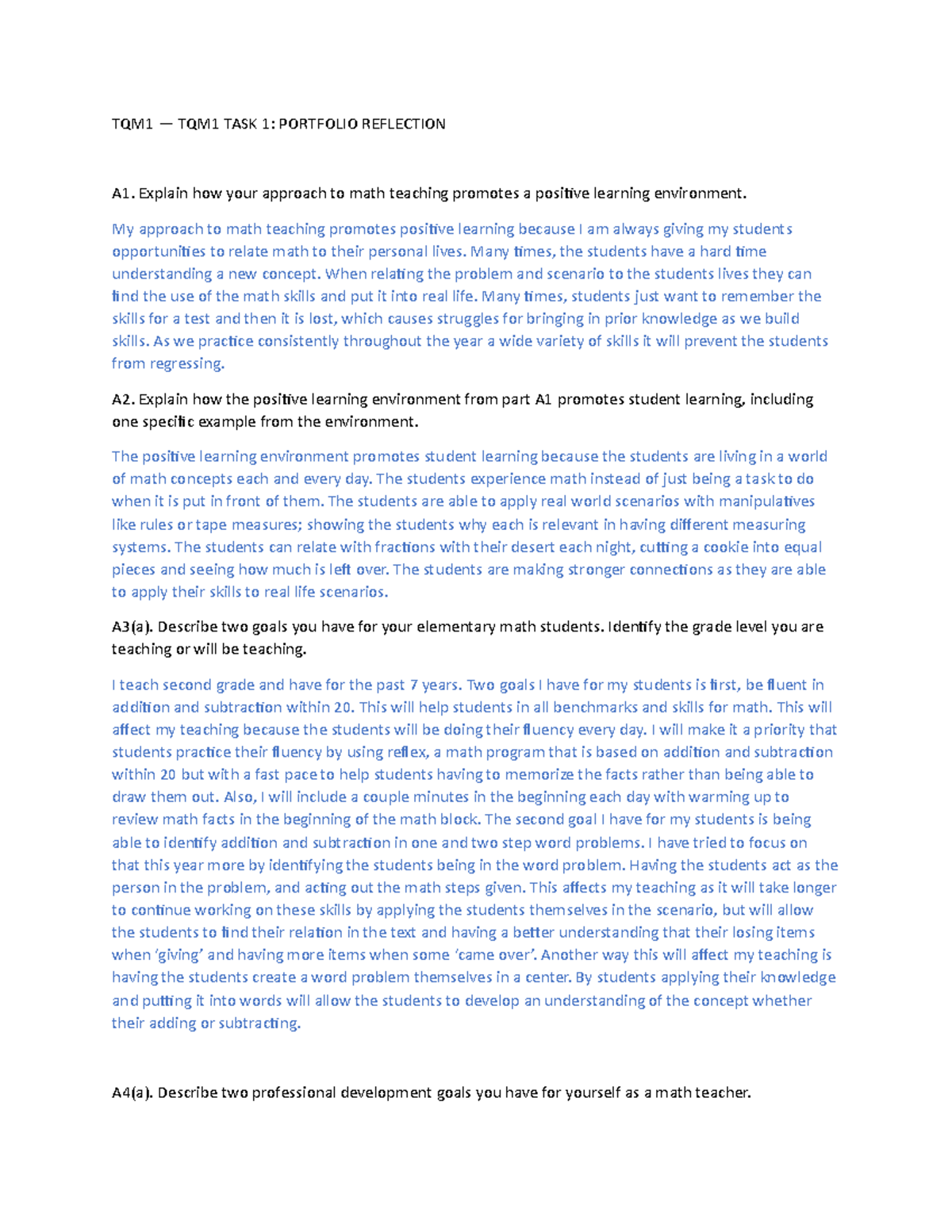 TQM1 - Task 1: Portfolio Reflection on Math Teaching Strategies - Studocu