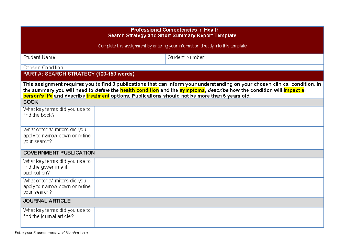 Health Competencies Report Template - Summary & Search Strategy 2024 ...