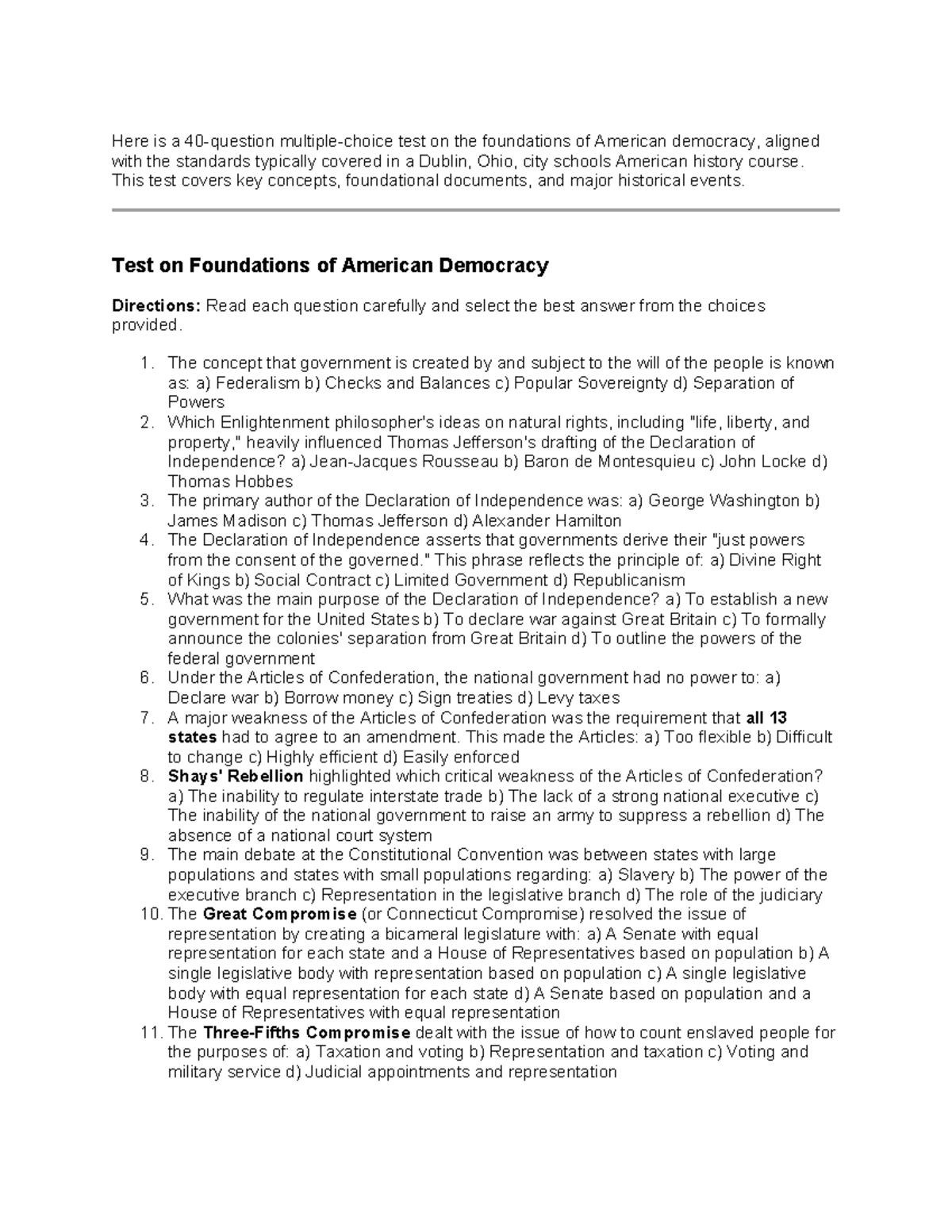 Test on Foundations of American Democracy: 40 MCQs for AH 101 - Studocu