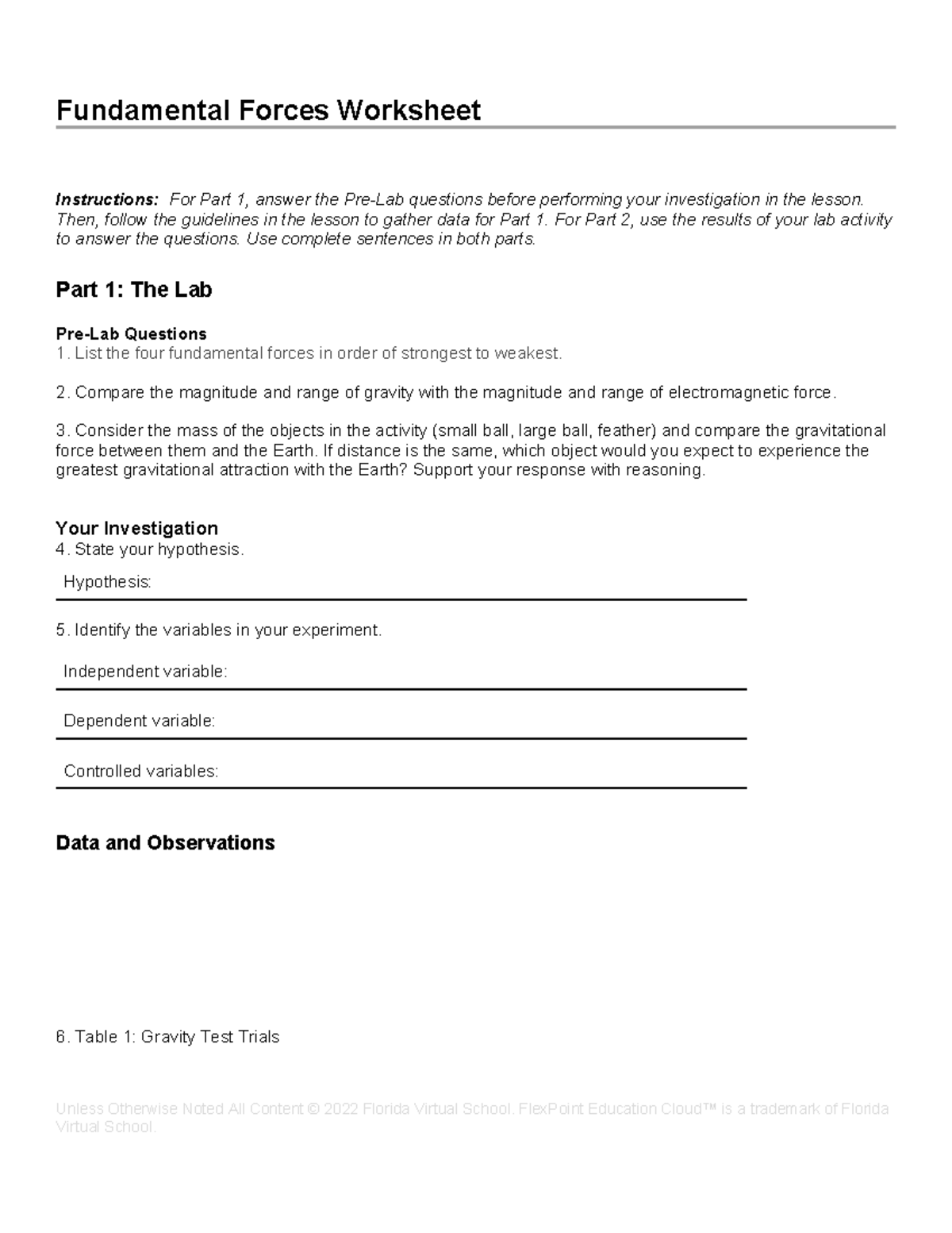 1.06 - Fundamental Forces Lab Worksheet and Investigation Guide - Studocu