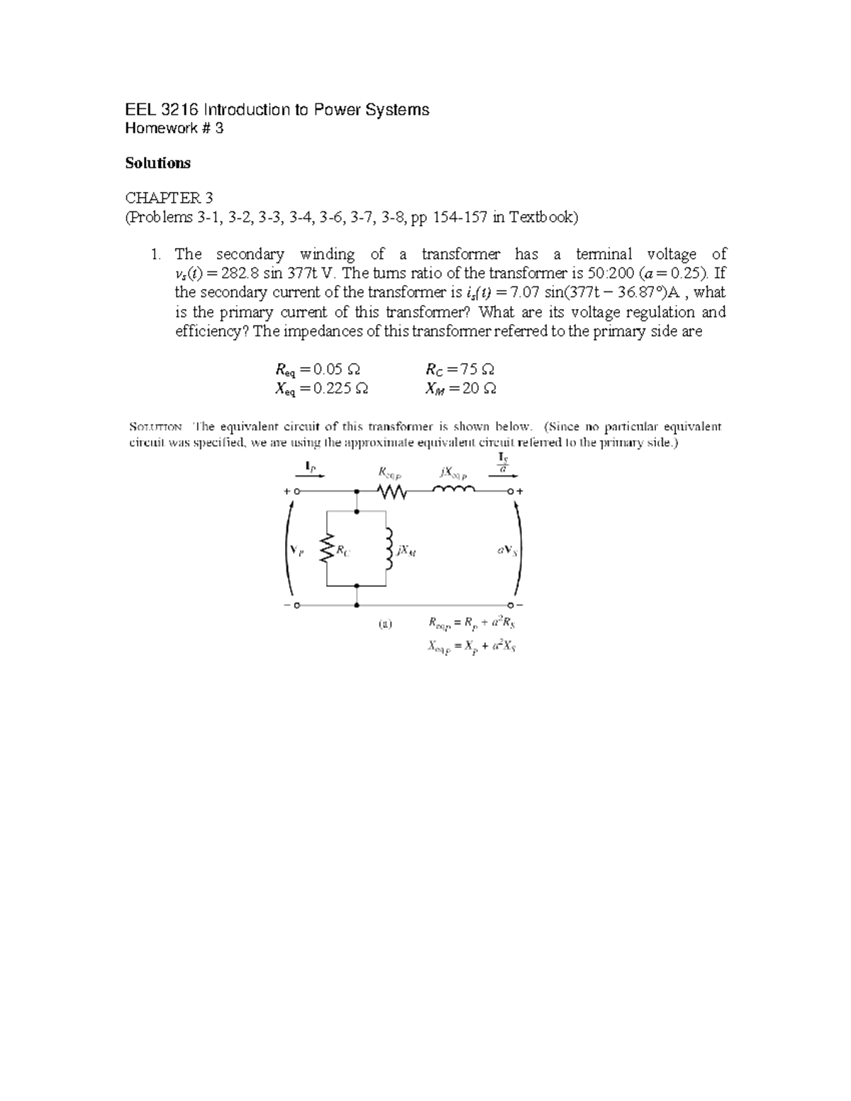 EEL 3216 Homework 3 Solutions: Power Systems Analysis and Transformer Efficiency - Studocu