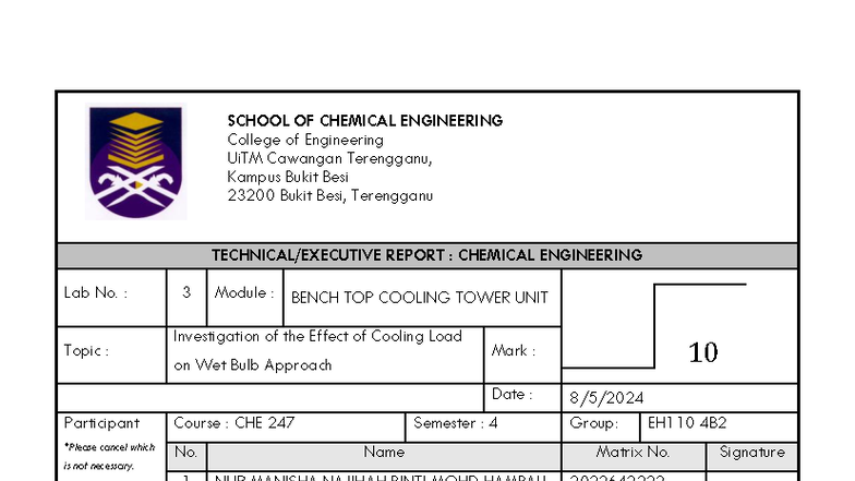 CHE 247 Lab Report: Effect of Cooling Load on Wet Bulb Approach - Studocu