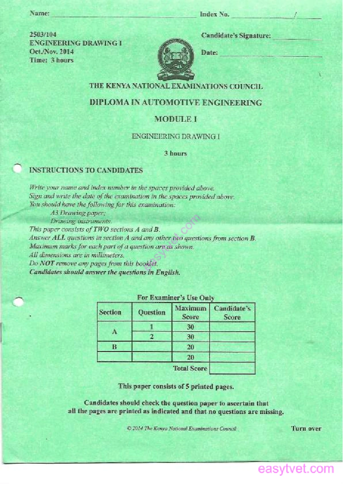 Engine Tech & Bodywork KNEC Past Papers Revision Notes - Studocu