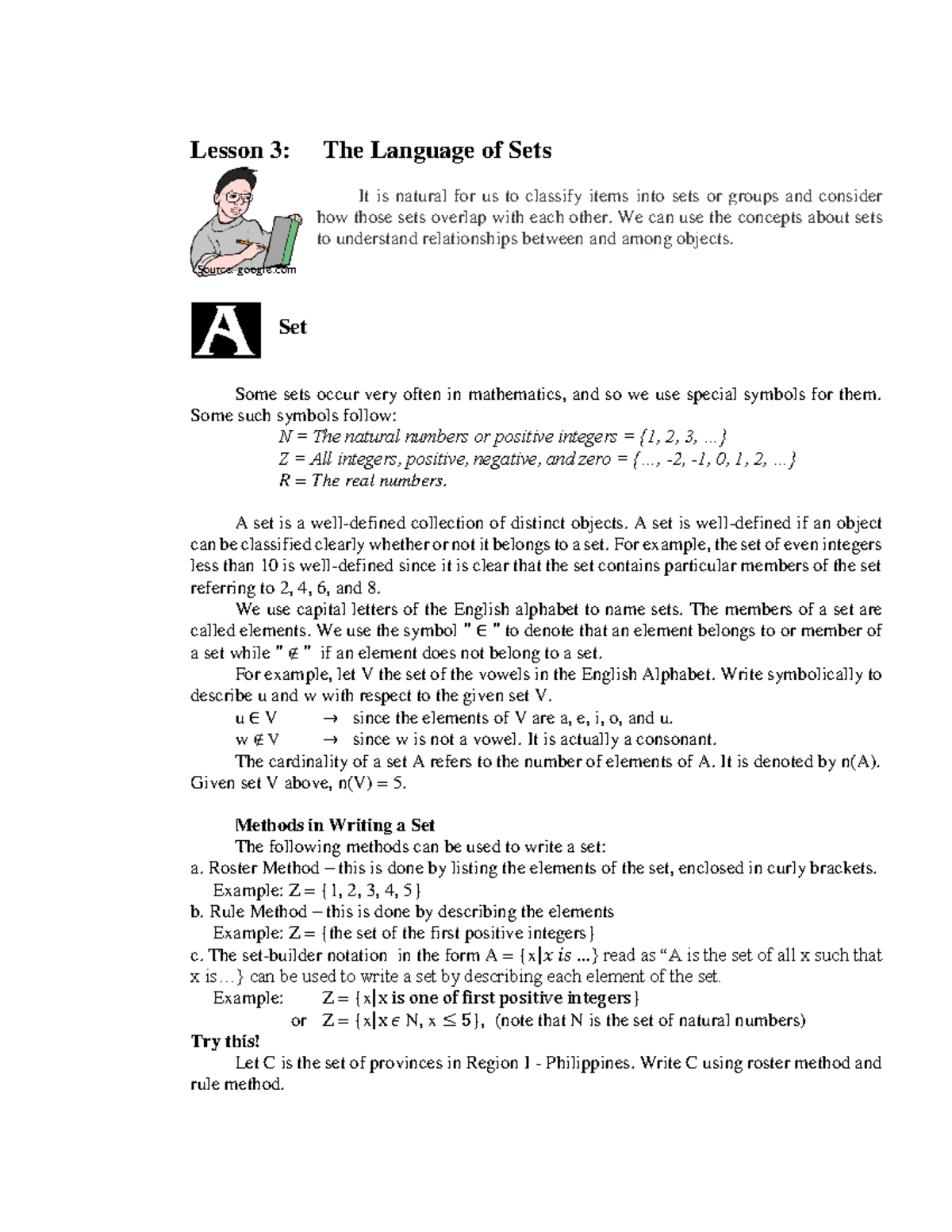 Lesson 3. The Language of Sets - Lesson 3: The Language of Sets It is ...