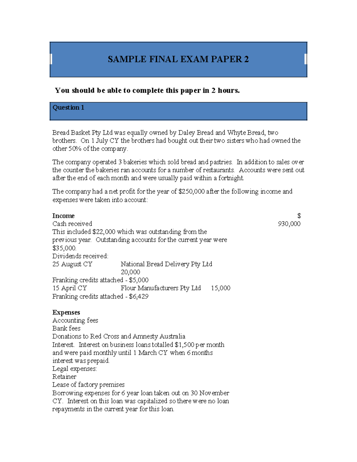 SAMPLE FINAL EXAM PAPER 2: Taxation and Accounting Analysis - Studocu