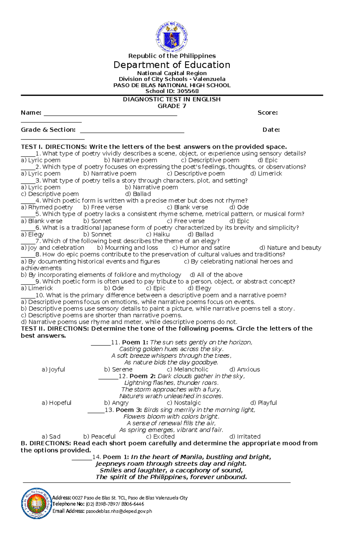 G7 Diagnostic TEST English 2024 2025 - Department of Education National ...