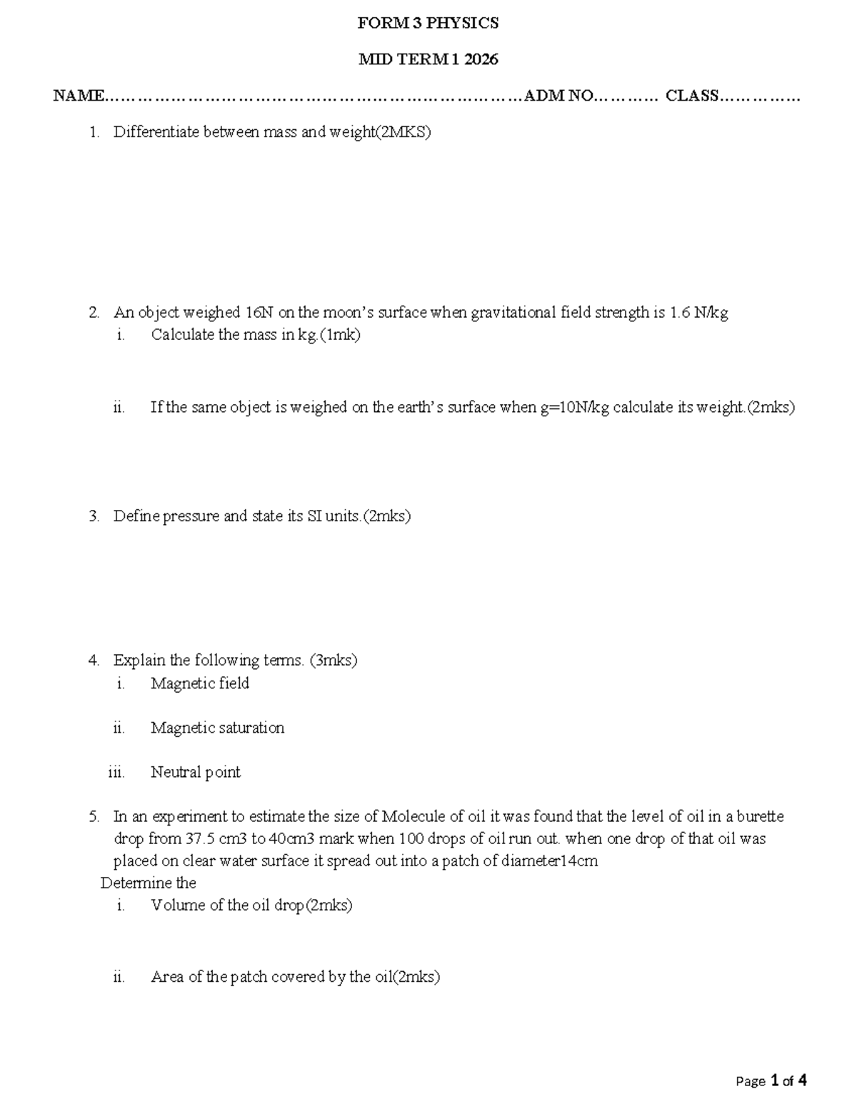 2026 F3 Physics Midterm 1 Questions and Answers - Studocu