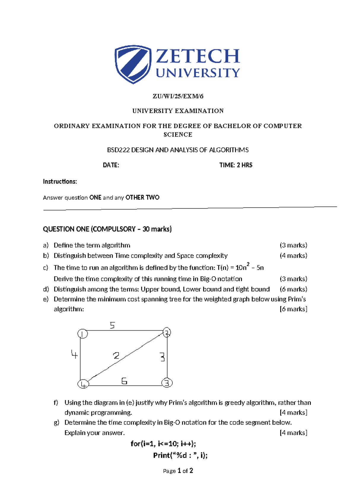 BSD222 Final Exam - Design and Analysis of Algorithms Guide - Studocu