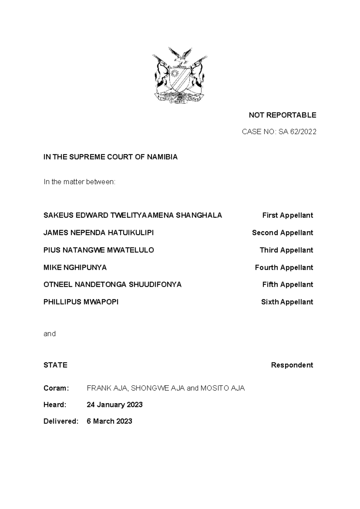 S v Shanghala and Others: Appeal on Bail Refusal (SA 62/2022) - Studocu
