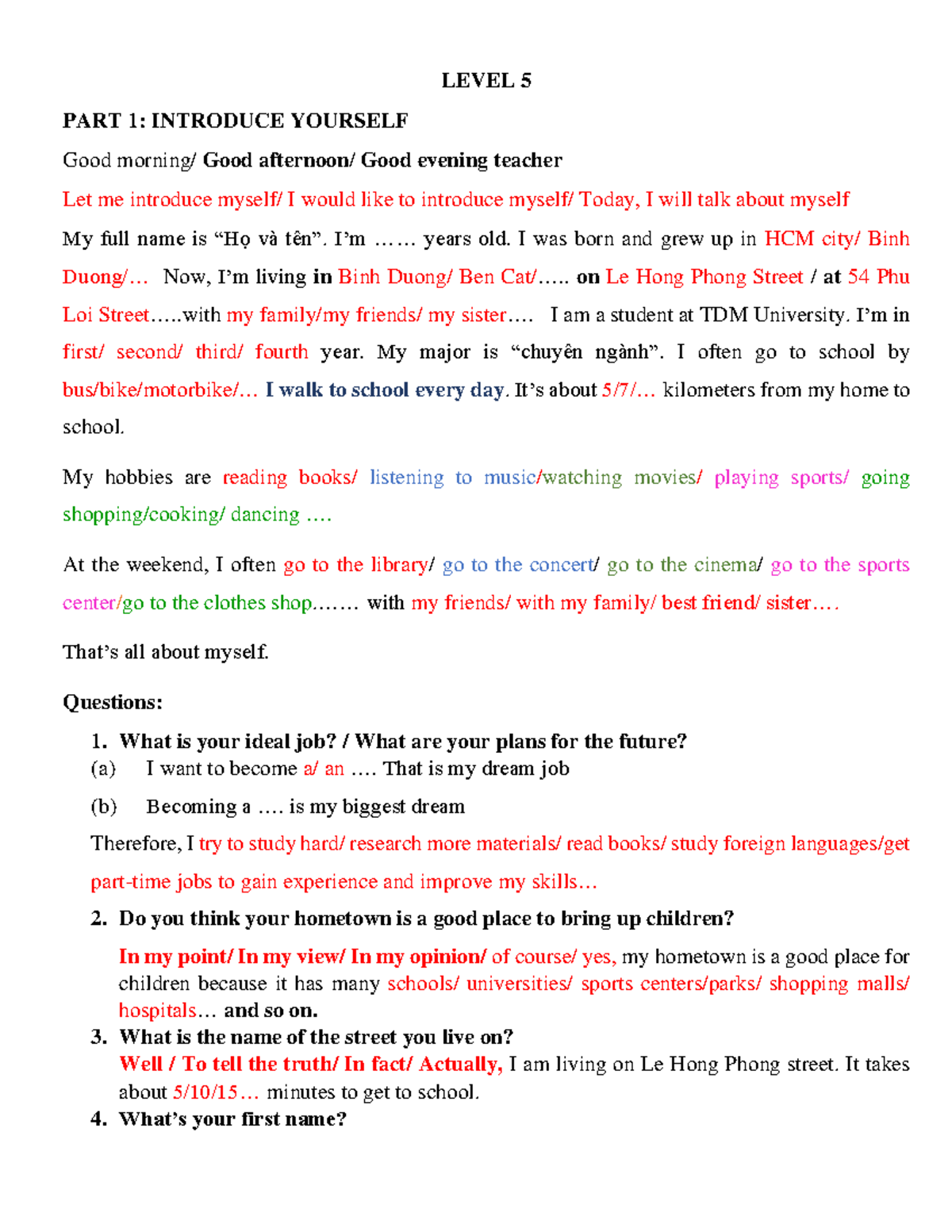 Speaking Level 5: Introduction and Topics 1-9 Guide - Studocu