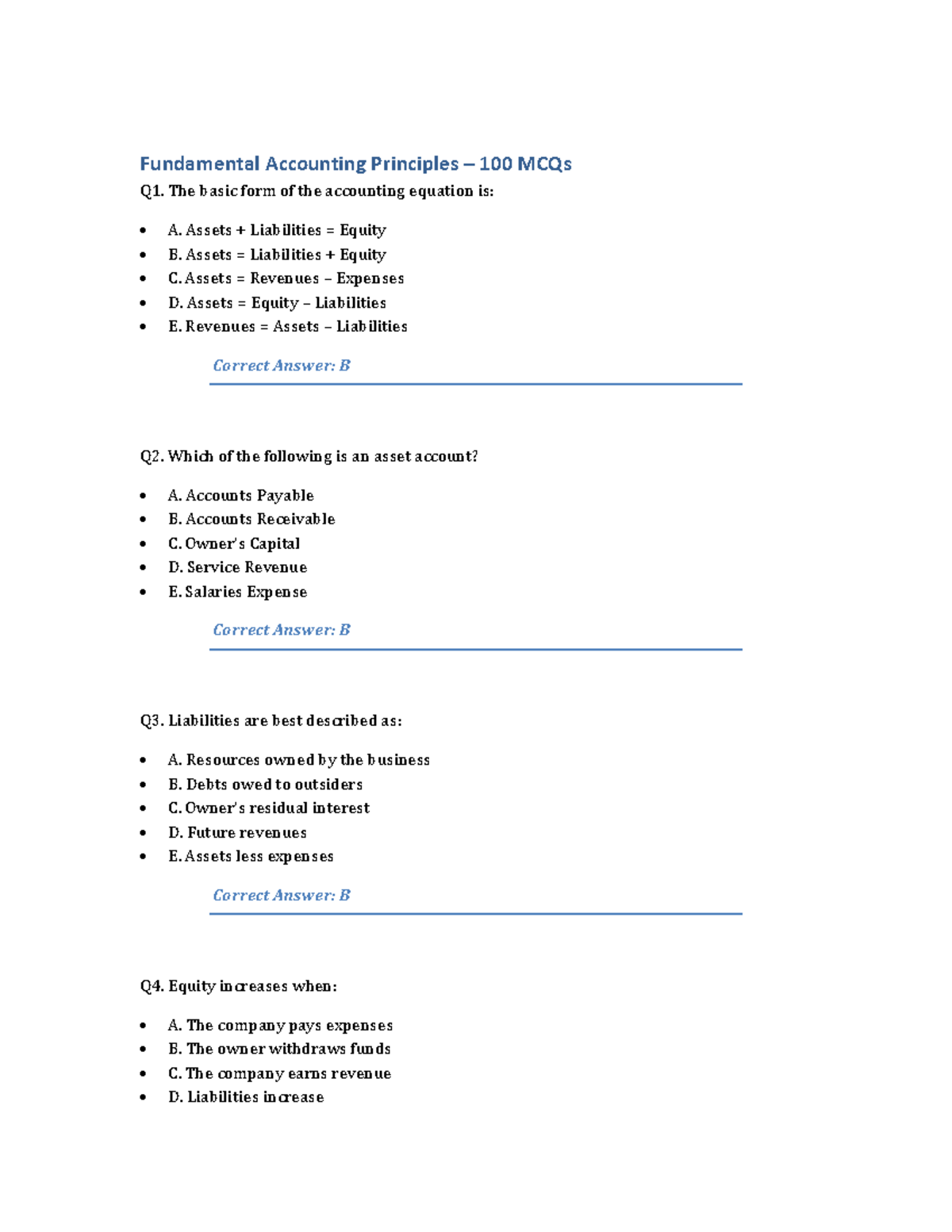 Fundamental Accounting Principles: 100 MCQs with Answers - Studocu