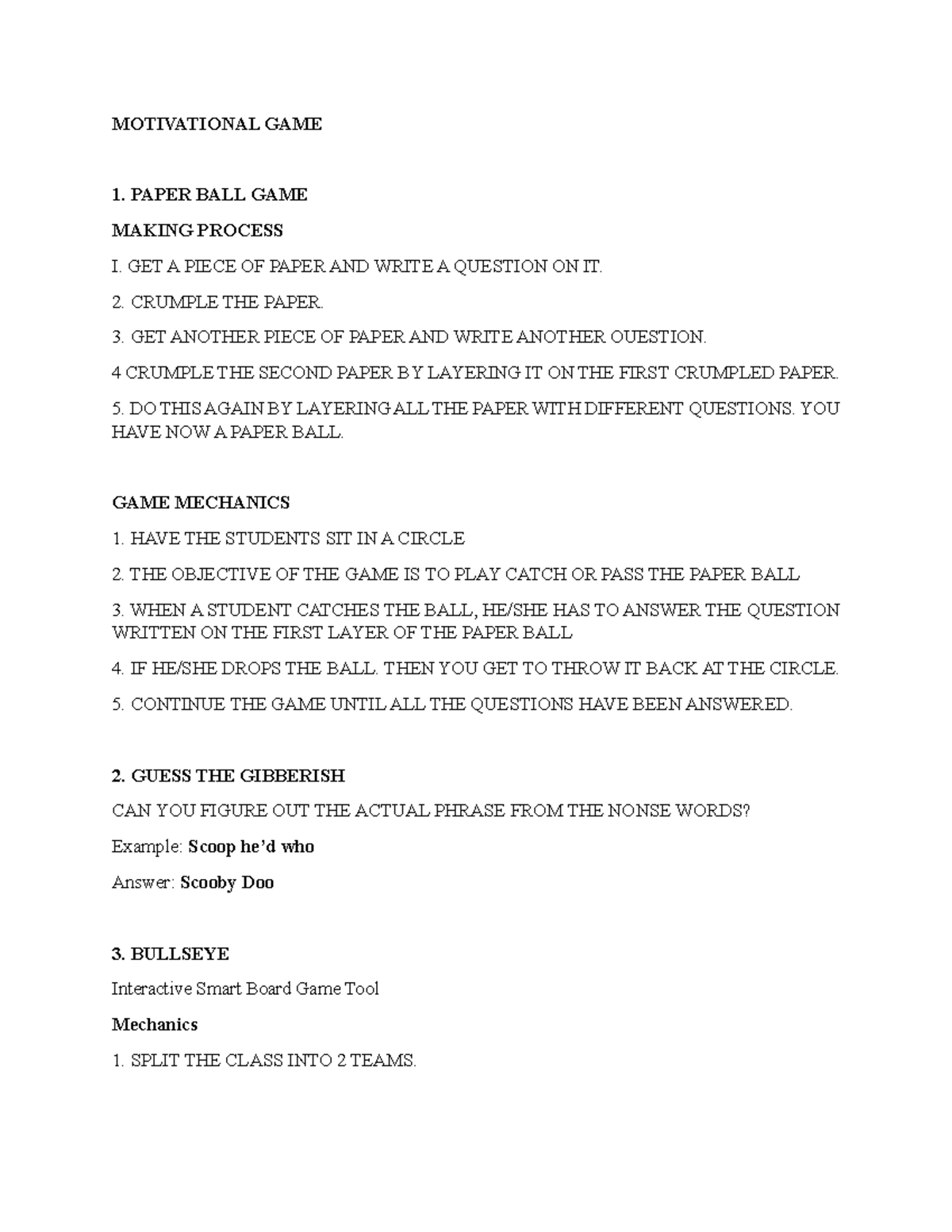 Motivational Games Activities for Classroom Engagement - Studocu