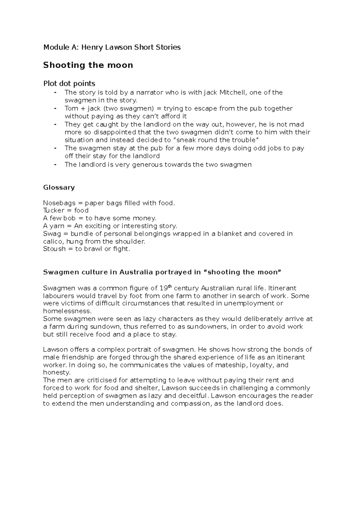 Mod A - Henry Lawson's "Shooting the Moon" Analysis and Themes - Studocu