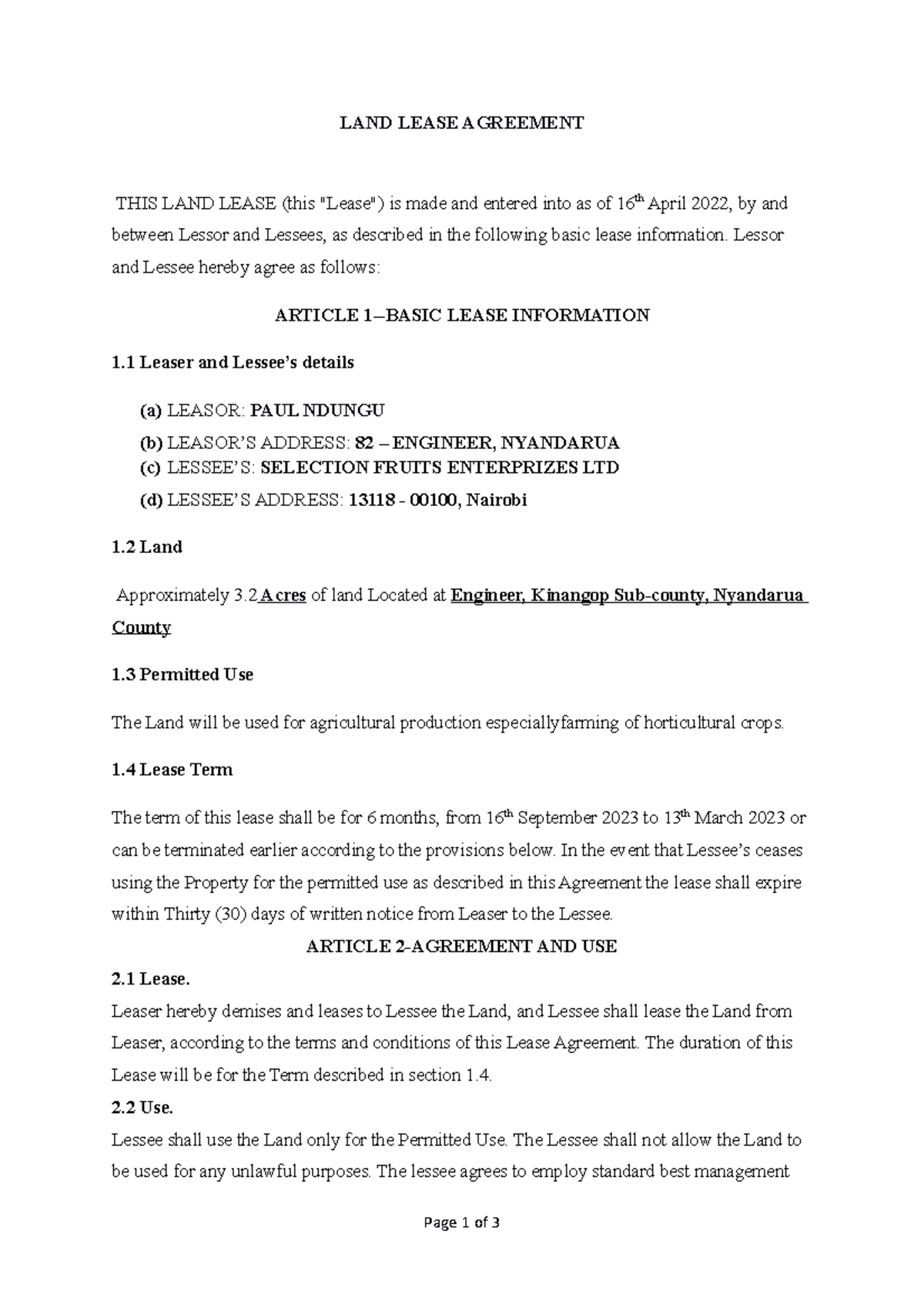 LAND Lease Agreement - notes - LAND LEASE AGREEMENT THIS LAND LEASE ...