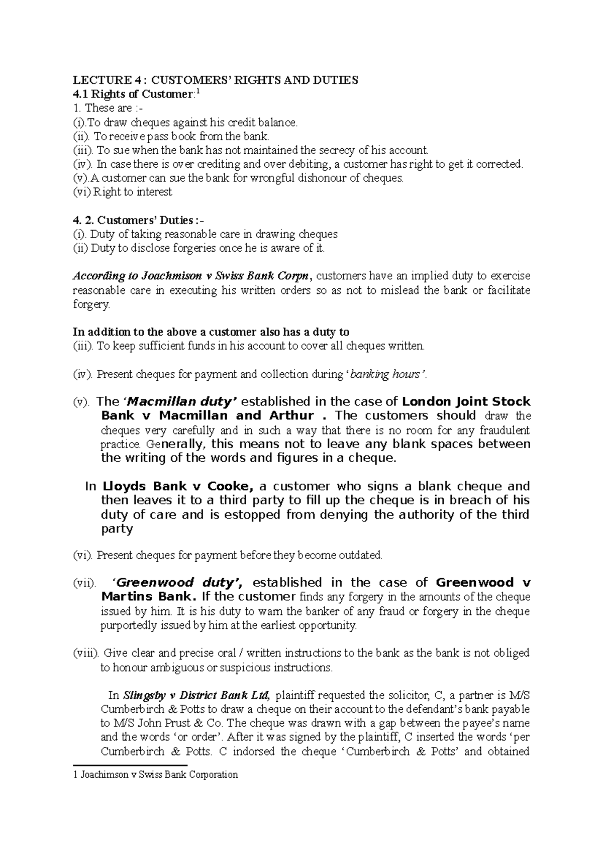 Customer Rights and Duties in Banking - LECTURE 4 Overview - Studocu
