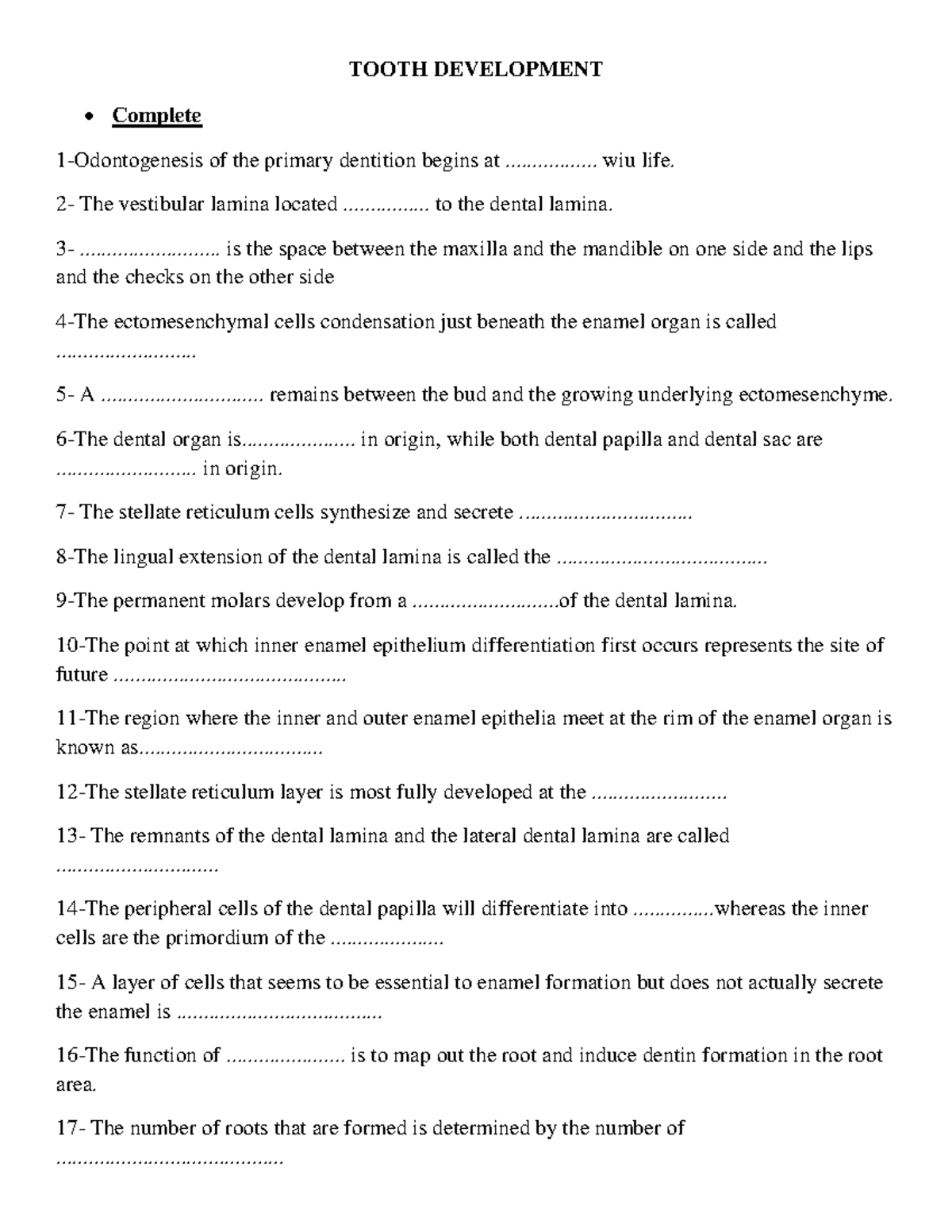 Tooth Development: Key Concepts, Questions, and MCQs Study Guide - Studocu