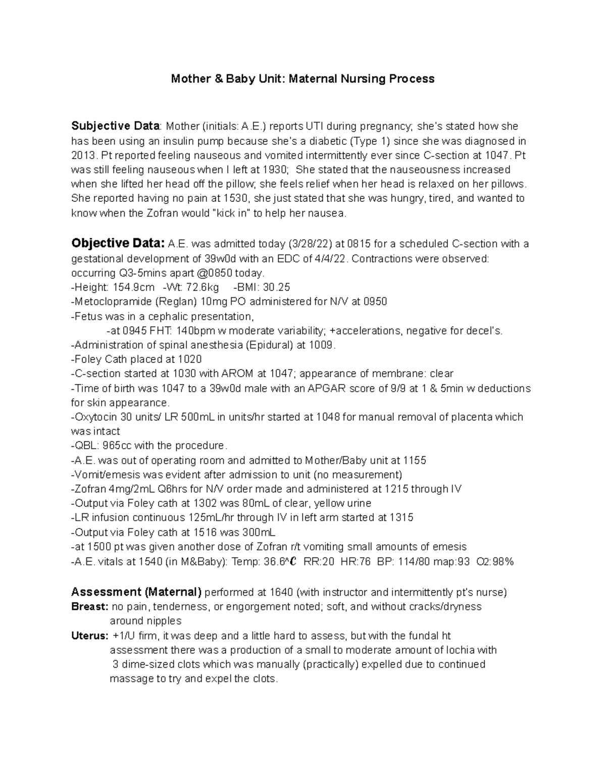 SOAP note & nursing care plan for Mother and baby unit 305clinical ...