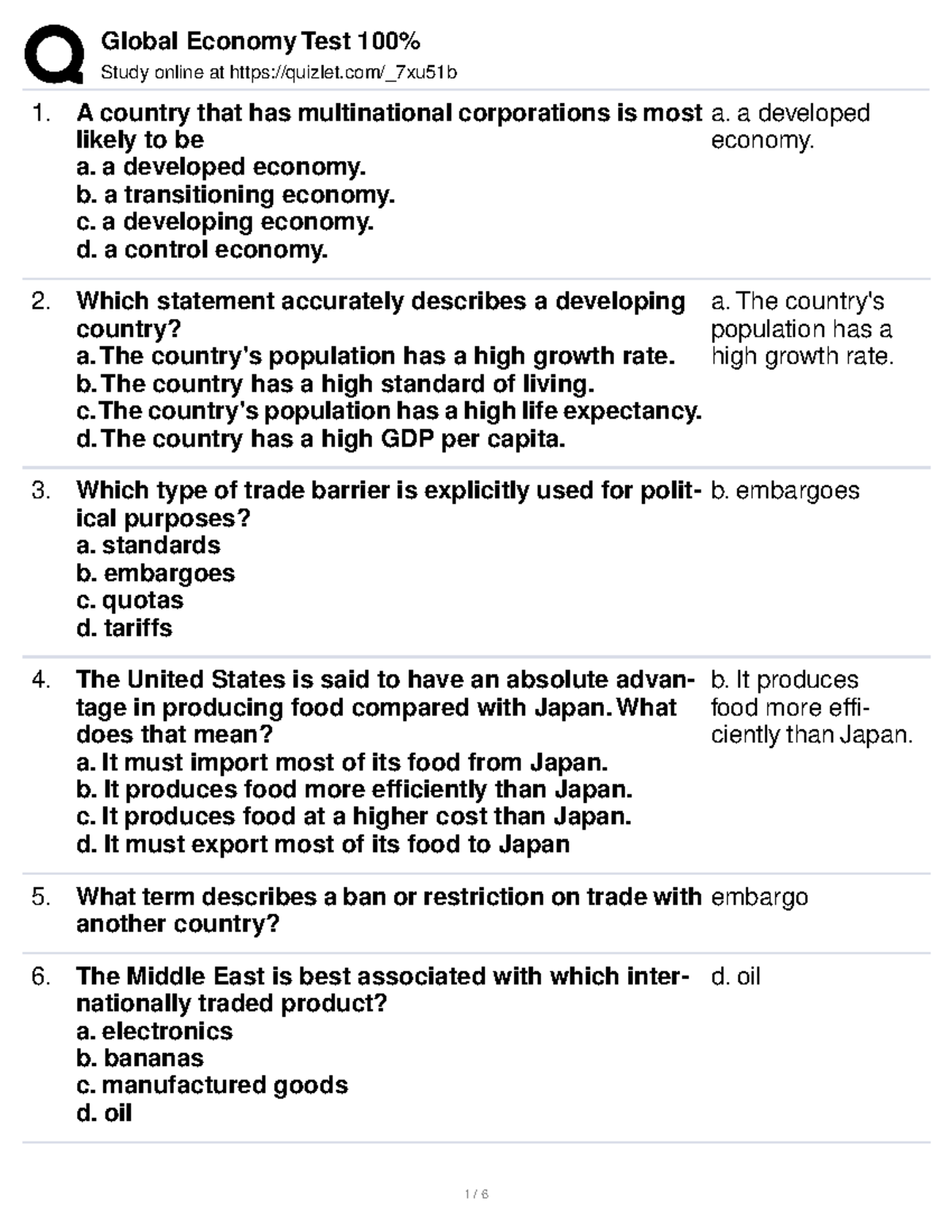 Global Economy Quiz (Course Code: GEO101) - Test Preparation Notes ...