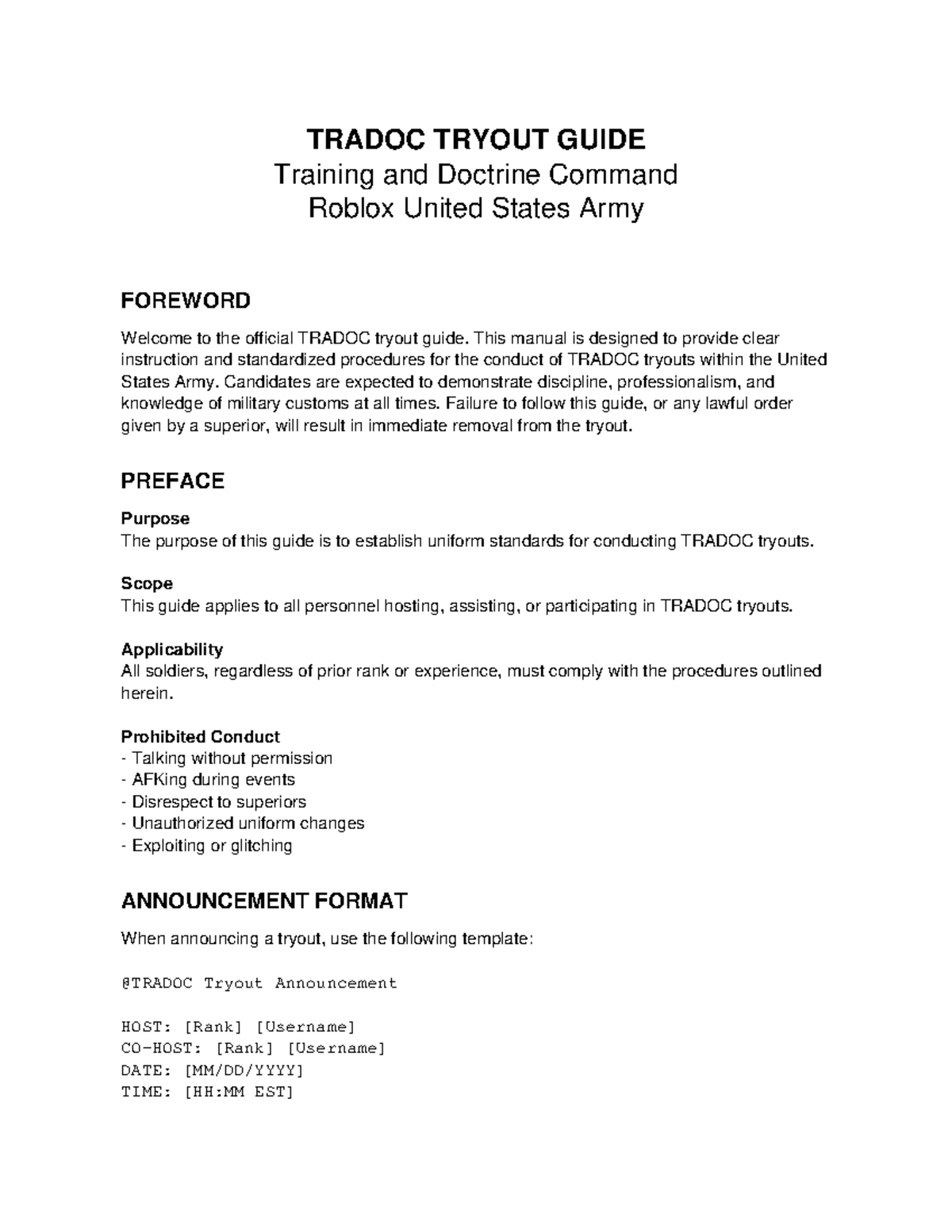 TRADOC Tryout Guide: Standards & Procedures for U.S. Army Roblox - Studocu
