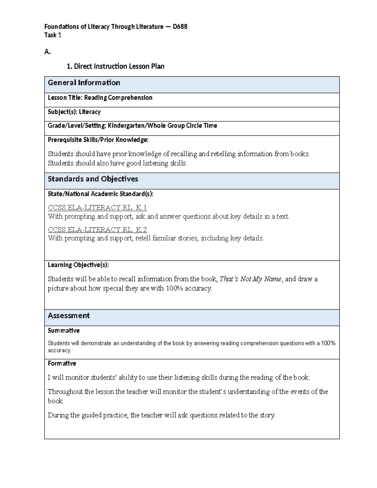 Task 1 Foundations of Literacy Through Literature - Task 1 A. 1. Direct ...