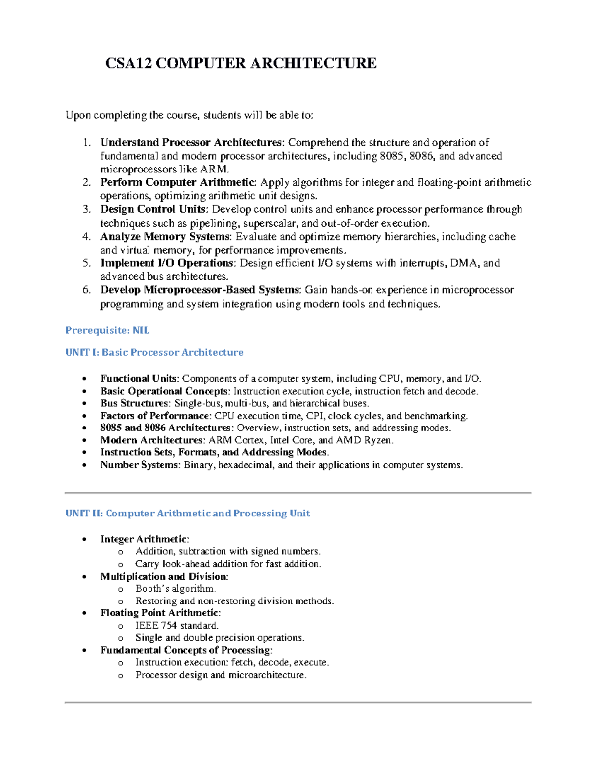 CSA12 Computer Architecture Syllabus 2025: Key Topics Overview - Studocu