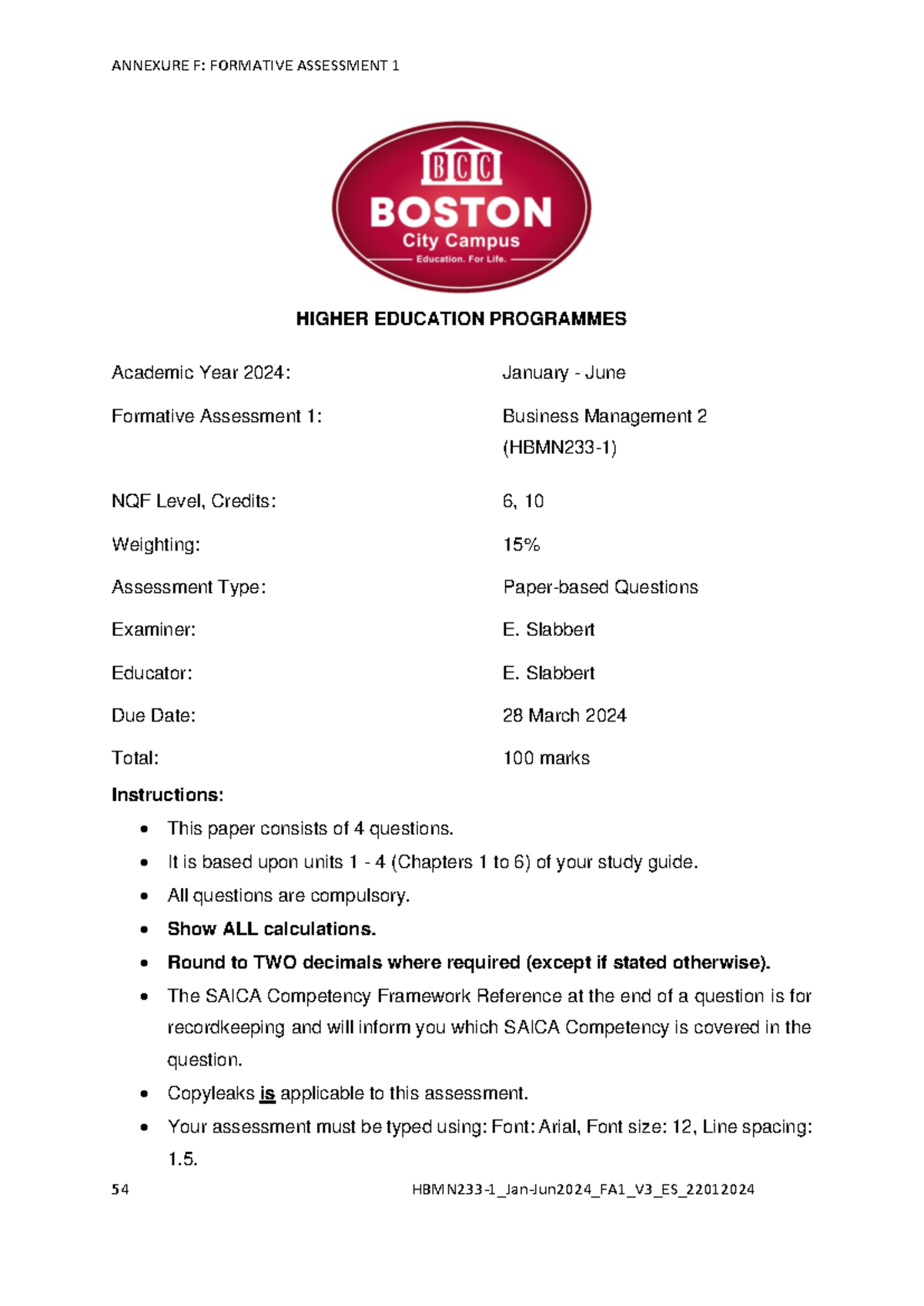 Business Management 2 (HBMN233-1) - Formative Assessment 1 (FA1) 2024 ...