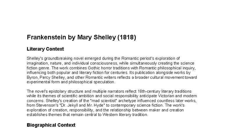 Frankenstein (1818) Literary Context & Mary Shelley's Influence - Studocu